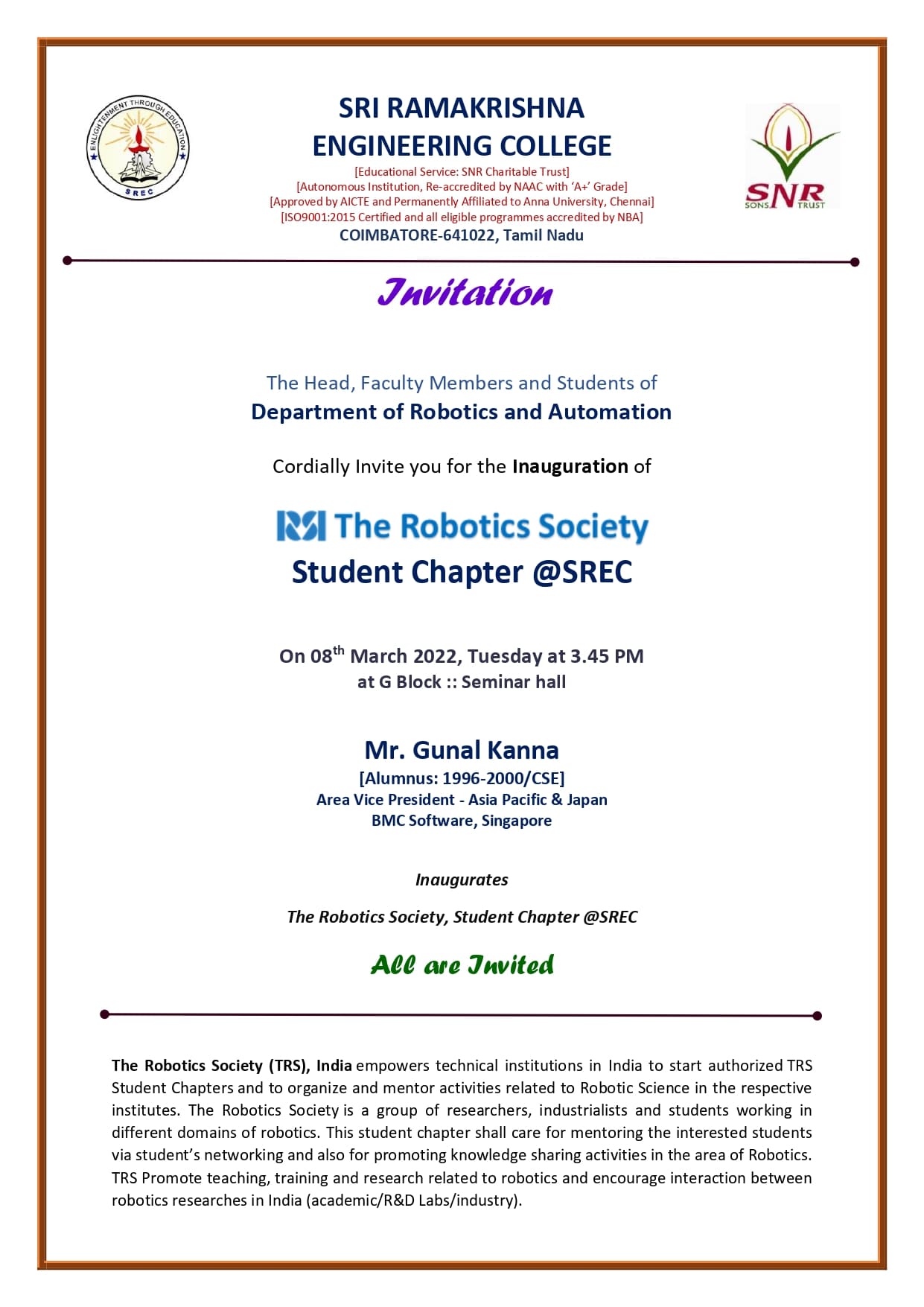 Department of Robotics & Automation | SREC | Coimbatore